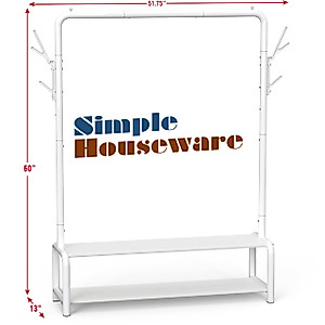 Simple Houseware Garment Rack with Storage Shelves and Coat/Hat Hanging Hooks, White