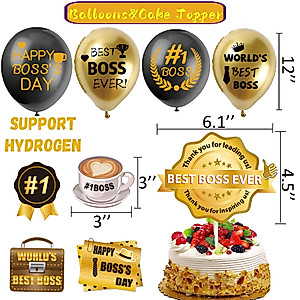 Happy Bos Day Decorations for Men 40PCS Bos Day Decorations For Office with Happy Bos's Day Banner Hanging Swirls Balloons Cake Topper Best Bos Ever Decorations Gold