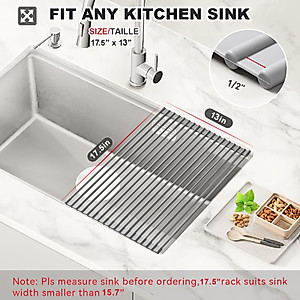 MERRYBOX Roll Up Dish Drying Rack, Over The Sink Dish Rack Foldable, Heat-Resistant, Anti-Slip Silicone Coated Steel Dish Drainer for Kitchen Counter, Multipurpose Roll Up Sink Drying Rack, 17" x 13"