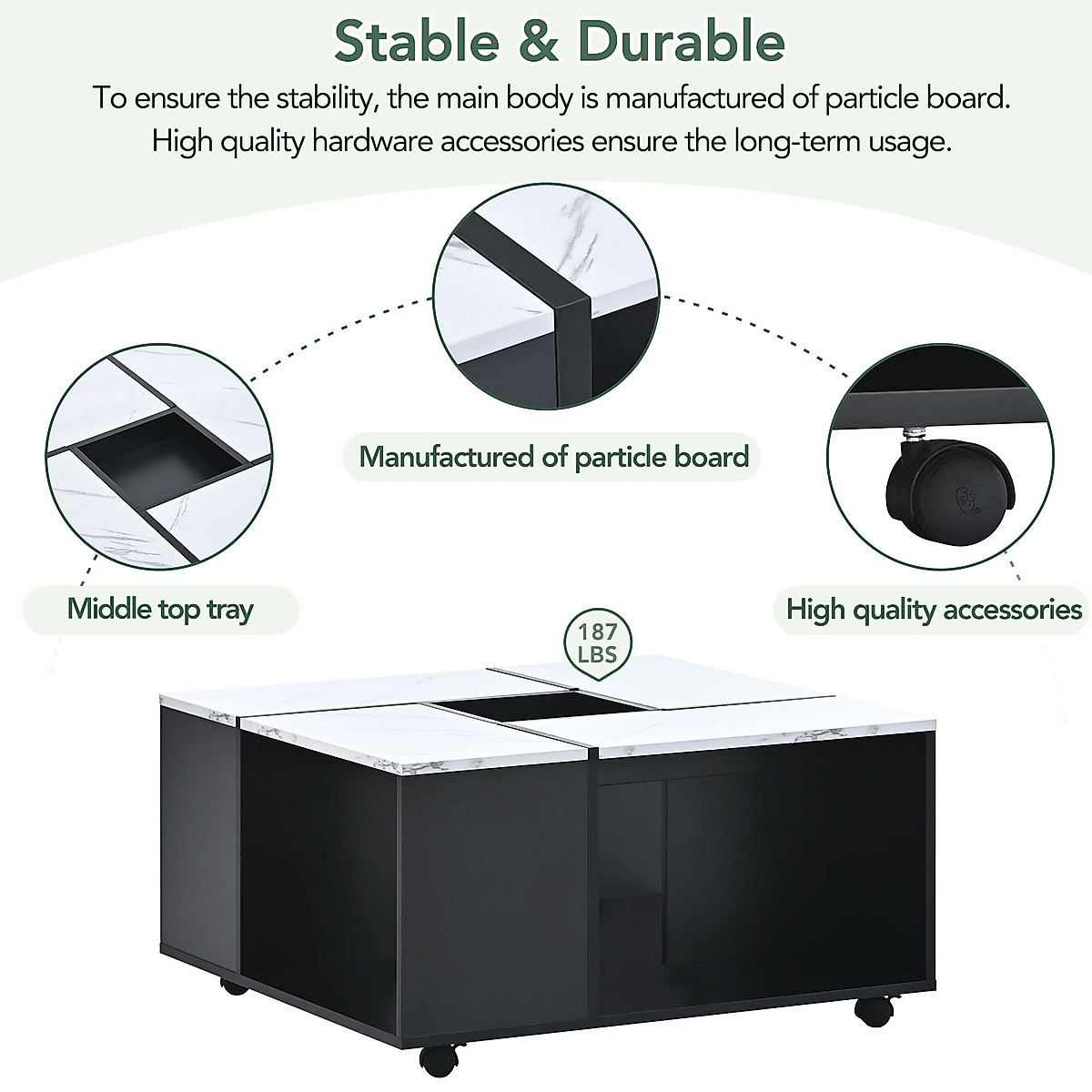 Modern Coffee Table with Storage & Casters, Coffee Tables for Living Room Cocktail Table with Removable Tray, Living Room High Gloss White Marble Top Center Table for Home Office