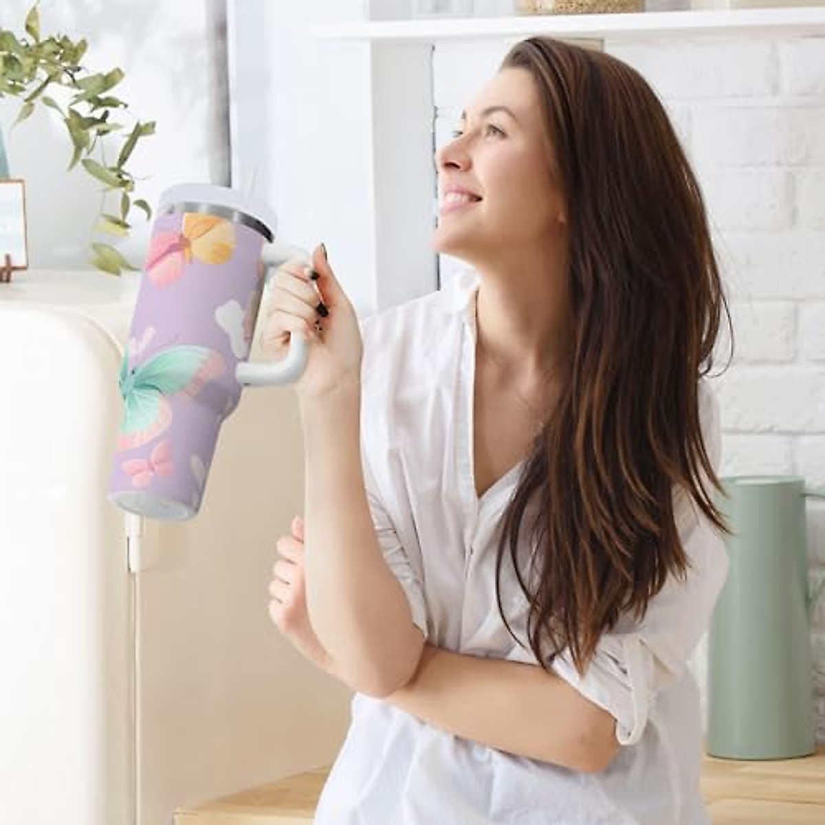 PaChyLuu 30 oz Insulated Tumbler with Handle and Straw Lid, Cute Butterflies Colorful Leak-Proof Stainless Steel Travel Coffee Mug for Car Cup Holder