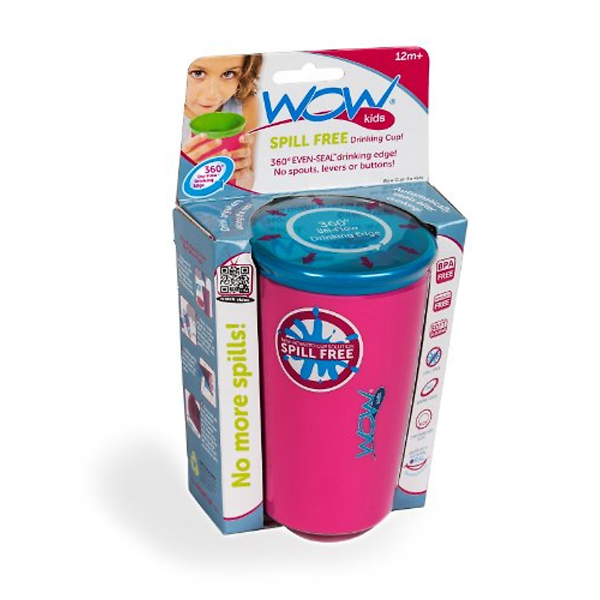 Wow Cup for Kids Original 360 Sippy Cup, Pink with Blue Lid, 9 oz