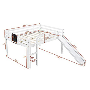 Harper & Bright Designs Full Loft Bed with Slide, Wood Low Loft Bed with Chalkboard, Ladder, Guardrail, Kids Loft Bed Frame for Boys & Girls (Full, White)