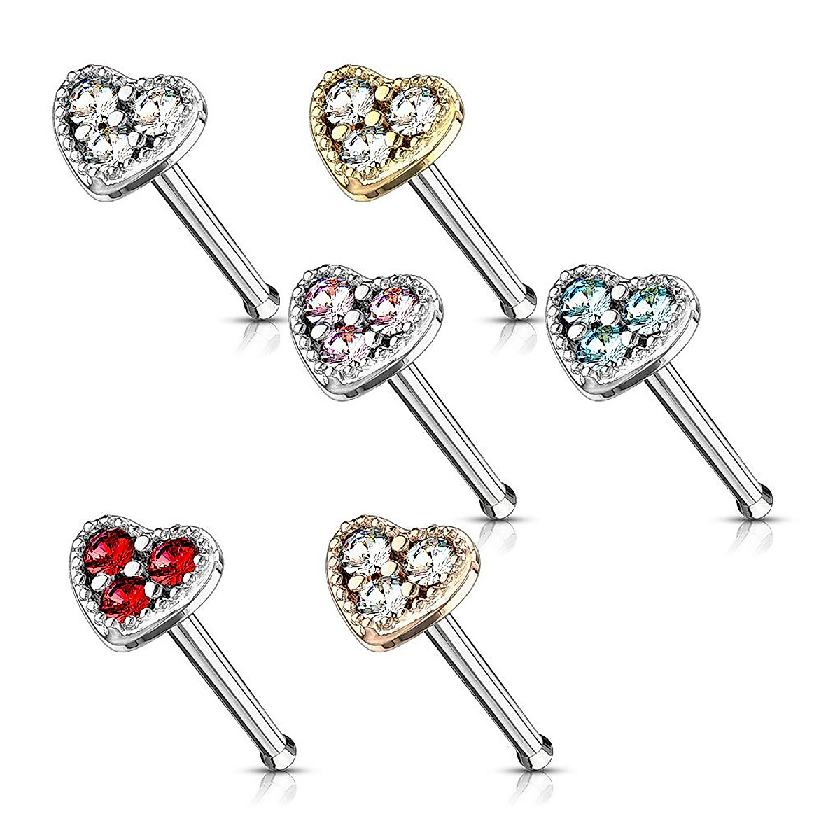 Amelia Fashion 20 Gauge CZ Set Heart Nose Bone Stud 316L Surgical Steel (Choose Color) (Red)