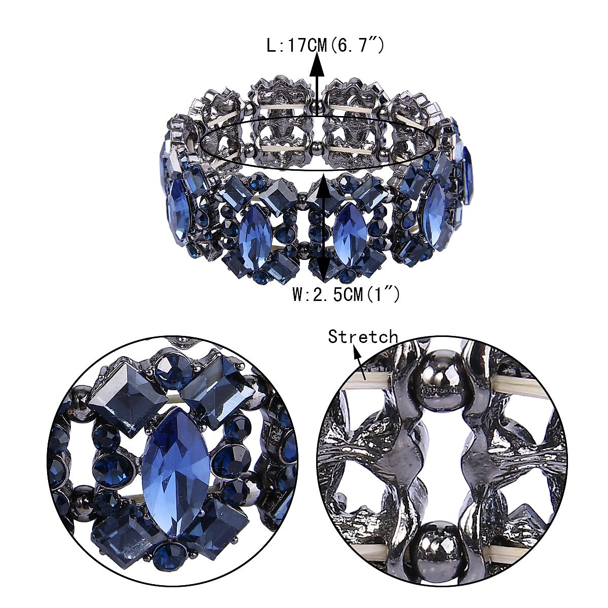 EVER FAITH Navy Blue Rhinestone Crystal Art Deco Wedding Banquet Elastic Stretch Bracelet Black-Tone
