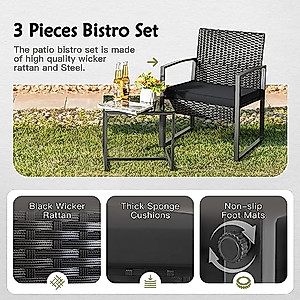 GUNJI Patio Furniture Sets 3 Pieces Outdoor Conversation Set with Coffee Table Patio Wicker Rattan Chairs Set Bistro Sets for Garden, Yard, Lawn, and Balcony (Black)