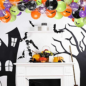 Auihiay 155 Pieces Halloween Balloon Garland Arch Kit Include Black Orange Purple Latex Balloons, Confetti Balloons, Spider Web, 3D Bats for Halloween Party Background Classroom Decoration