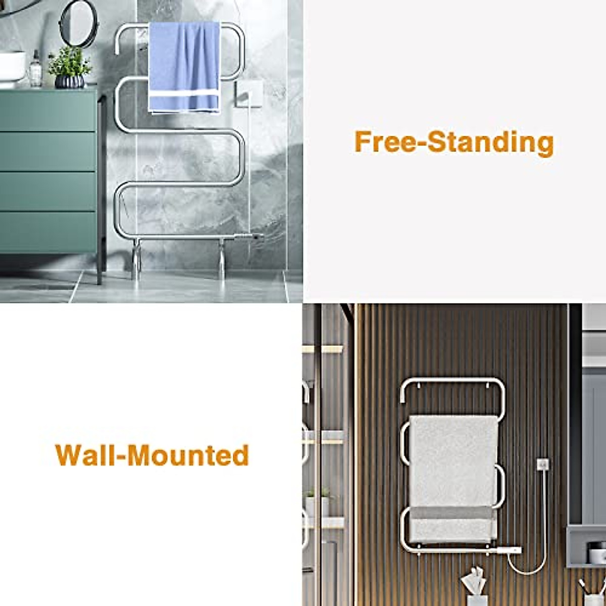 DAILYLIFE Towel Warmer Rack Stainless Steel, Wall Mount & Free Standing, Bended Heated Towel Rack, Drying Rack for Bathroom Space Saving 50W Mirror Polished