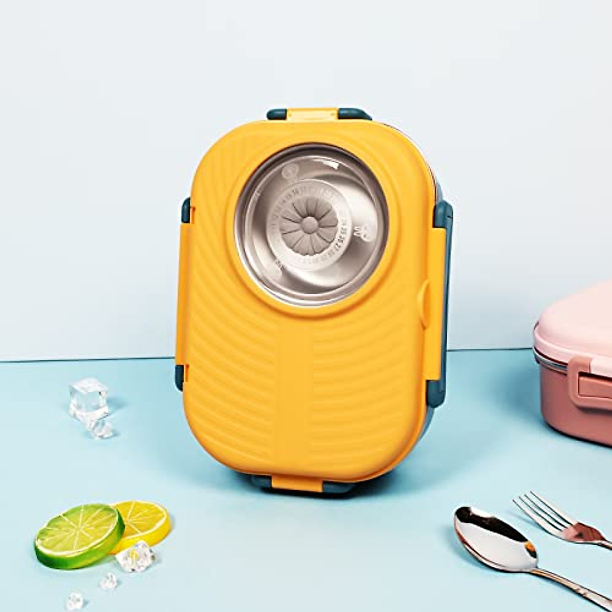 Puraville Stainless Steel Bento Lunch Box for Kids and Adults, Stackable BPA-Free Food Containers with 3 Compartments and Reusable Sauce Bowl, Fork and Spoon, (1000ml/34oz, Yellow)