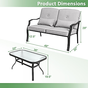 Tangkula 2 Piece Patio Furniture Set, Outdoor Loveseat Chair Set with Seat Back Cushions & Waist Pillows, Tempered Glass Coffee Table, Heavy-Duty Metal Sofa Set for Yard Garden Balcony Poolside (Gray)