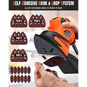 DWT Detail Sander, 1.5A 15000 OPM Electric Sander with 24pcs Sandpapers, Efficient Dust Collection System & Detail Finger Attachment, Soft Grip Handle, Compact Hand Sander for Woodworking
