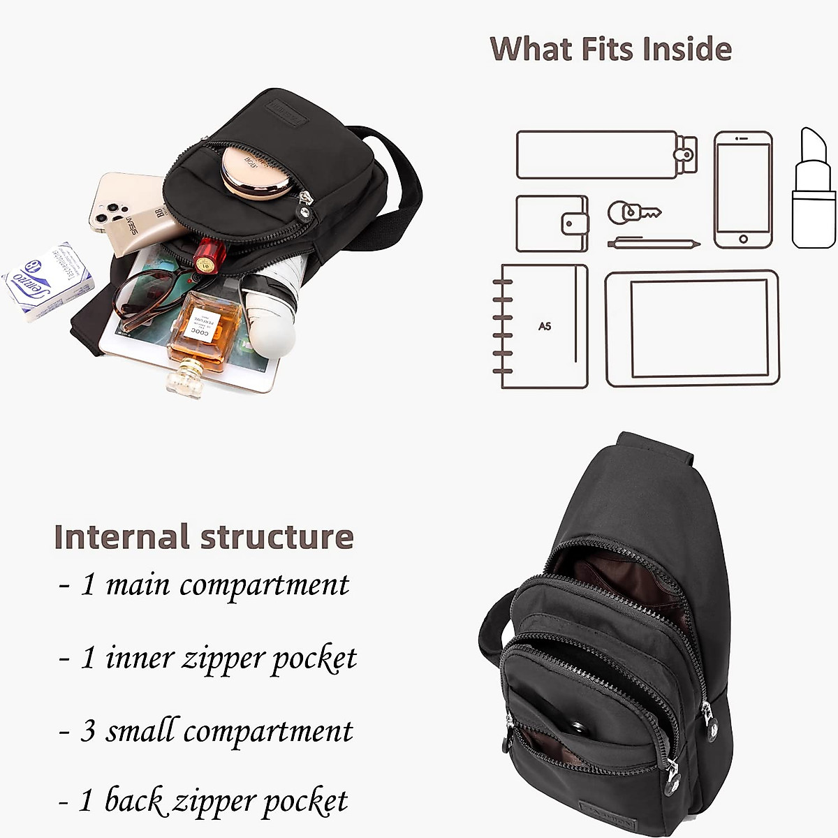 YAZEKOUS Small Sling Bag Sling Backpack for Women, Crossbody Sling Backpack Daypack Shoulder Bag for Travel Running Hiking Daypack Black