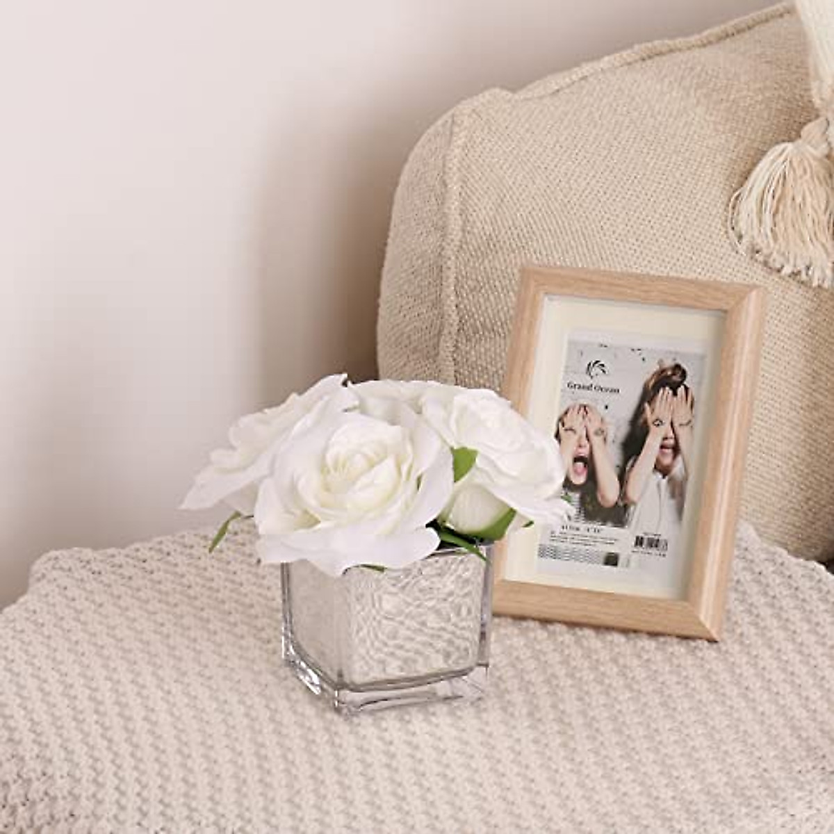 Nisoger Artificial Flowers in Vase, White Silk Rose Faux Flowers in Vase, Fake Flowers with Vase Bouquets Arrangements Home Decoration for Dinning Table Centerpieces Bedroom Bathroom Kitchen, White