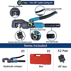 Muzata 45KN Upgraded Custom Hydraulic Hand Crimper Tool for 1/8" Stainless Steel Cable Railing Kit Hardware Wire Rope Swaging Kit with 2Pair 1/8" Dies CR09, CT1