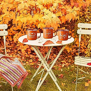 Uiifan 3 Pcs Fall Autumn Coffee Mugs 16 oz Enamel Pumpkin Mugs Cups Campfire Style Fall Mugs Grateful Thankful Tea Latte Mug for Thanksgiving Halloween Holiday Daily Supplies