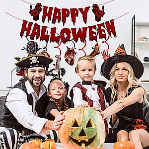 Quimoy Scary Halloween Banner, Happy Halloween Party Decorations, Scary Halloween Decorations with 8Pcs Halloween Hanging Swirls for Halloween Party Indoor Outdoor