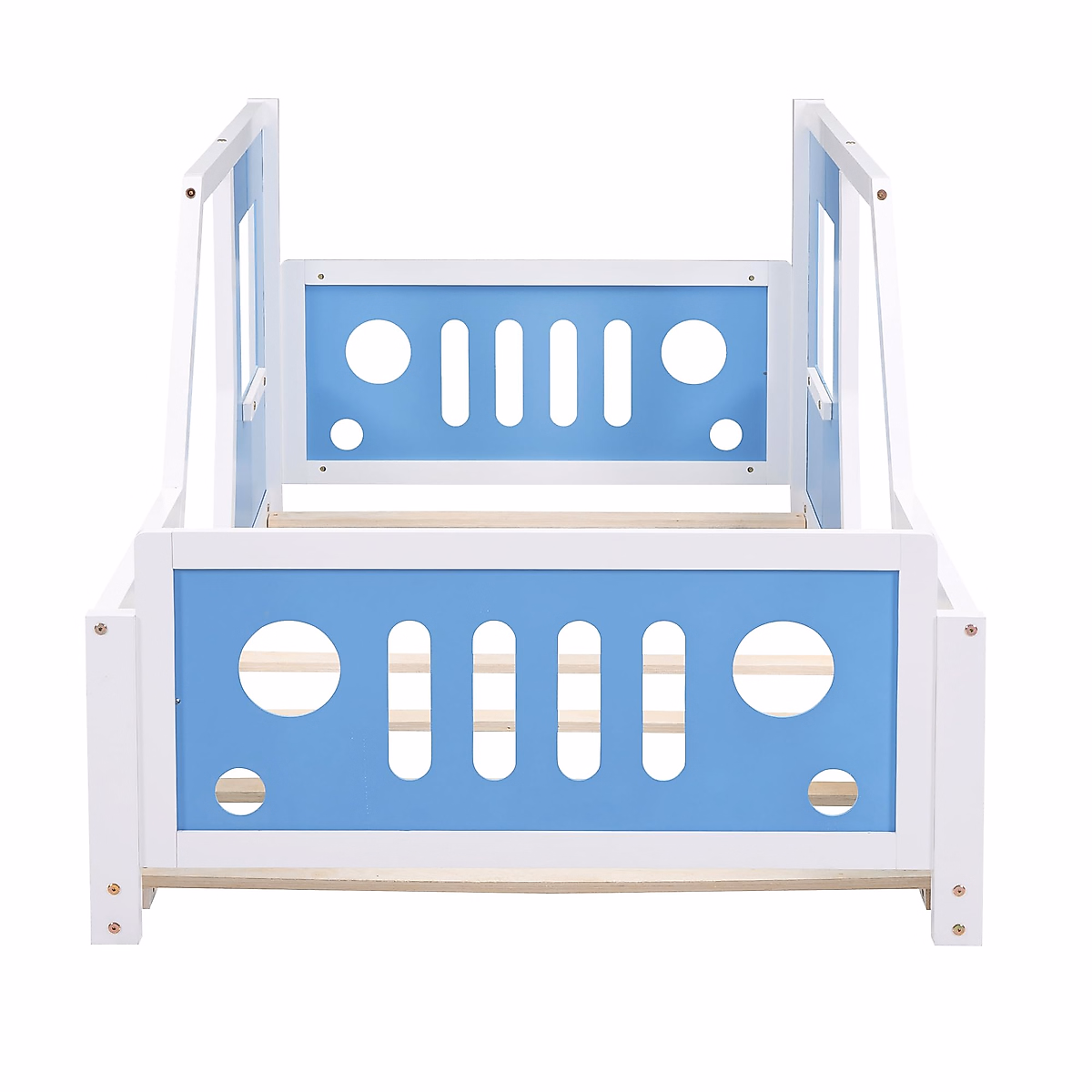 Kids Floor Bed Twin Size Platform Bed with Car-Shaped and Wheels, Wooden Twin Bed Frames with Doors and Windows, Twin Car Bed with Slat Support for Kids Boys Girls, No Box Spring Needed,Blue