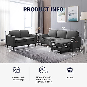 ijuicy 2PCS Sectional Sofa Set,3 Seat Couch & Loveseat Sofa with Side Pockets & Movable Storage Ottoman, Modern Convertible Upholstered Couches for Living Room,Office (3+2Seat/Dark Grey)
