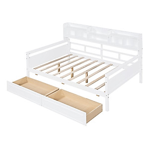 Harper & Bright Designs Full Daybed with Storage, Wooden Full Size Bed Frame with Bookcase Headboard and 2 Drawers, Full Sofa Bed with Shelves for Living Room Bedroom, No Box Spring Need, White