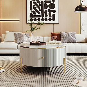 Merax Modern Round Coffee Table Set with 2 Large Drawers Storage Golden Metal Leg Circular Marble Pattern for Living Room Apartment（31.5''）, Off White