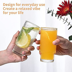 BJMEDYM Ribbed Glassware, Vintage Glassware 6pc Set, 12 oz Origami Style Glass Cup, Ripple Drinking Glasses, Fluted Glassware, Ribbed Drinking Glasses