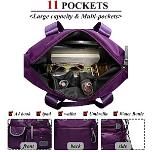 Women Lightweight Nylon Tote Bag Multiple Pockets Top Handle Handbag Ladies Purse Work Totes Travel Crossbody Shoulder Bag (1- Black)