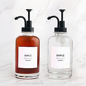 Glass Coffee Syrup Dispenser for Coffee Bar Accessories with 84 Labels (Set of 2), Syrup Pump Bottle for Coffee Bar , 16.9 oz, Matte Black