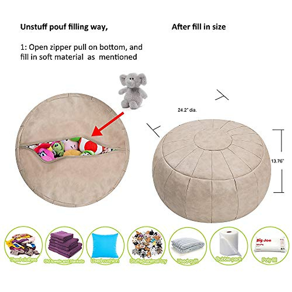 ROTOT Unstuffed Pouf Cover, Ottoman, Bean Bag Chair, Foot Stool, Foot Rest, Storage Solution or Wedding (Empty & New) (Mushroom)