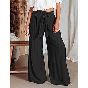 Rheane Wide Leg Pants for Women Palazzo Black Linen Flowy Pants High Waisted Smocked Waist Belt Boho Beach Holiday 2023 Fall (Black L)