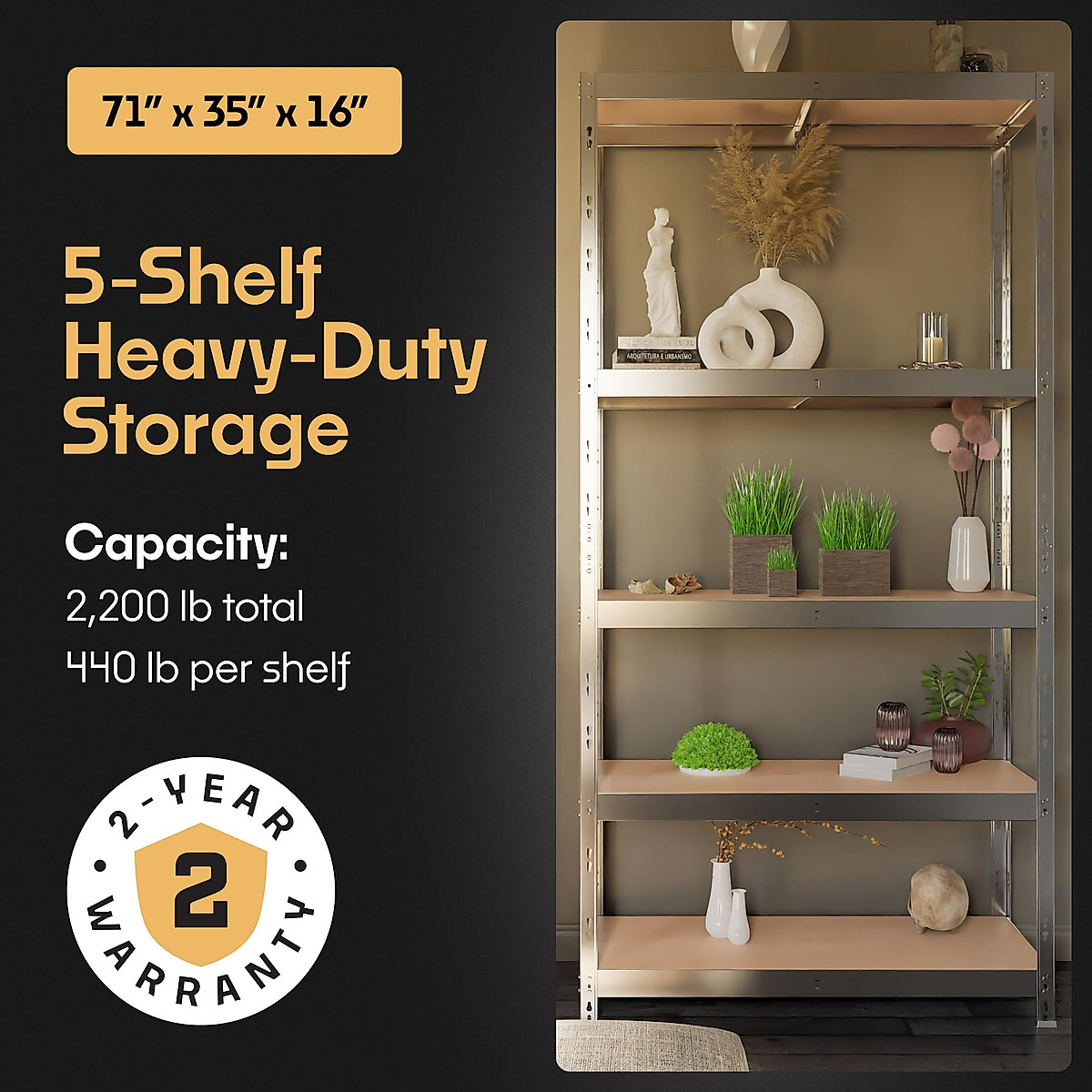 Metalkas Storage Shelves: 5 Storage Shelves Heavy Duty w/ 2,200 lb Total Load Capacity, 440 per Storage Shelf, 71x35x16 Perfect Solution for Your Storage Needs, Adjustable Shelving Unit