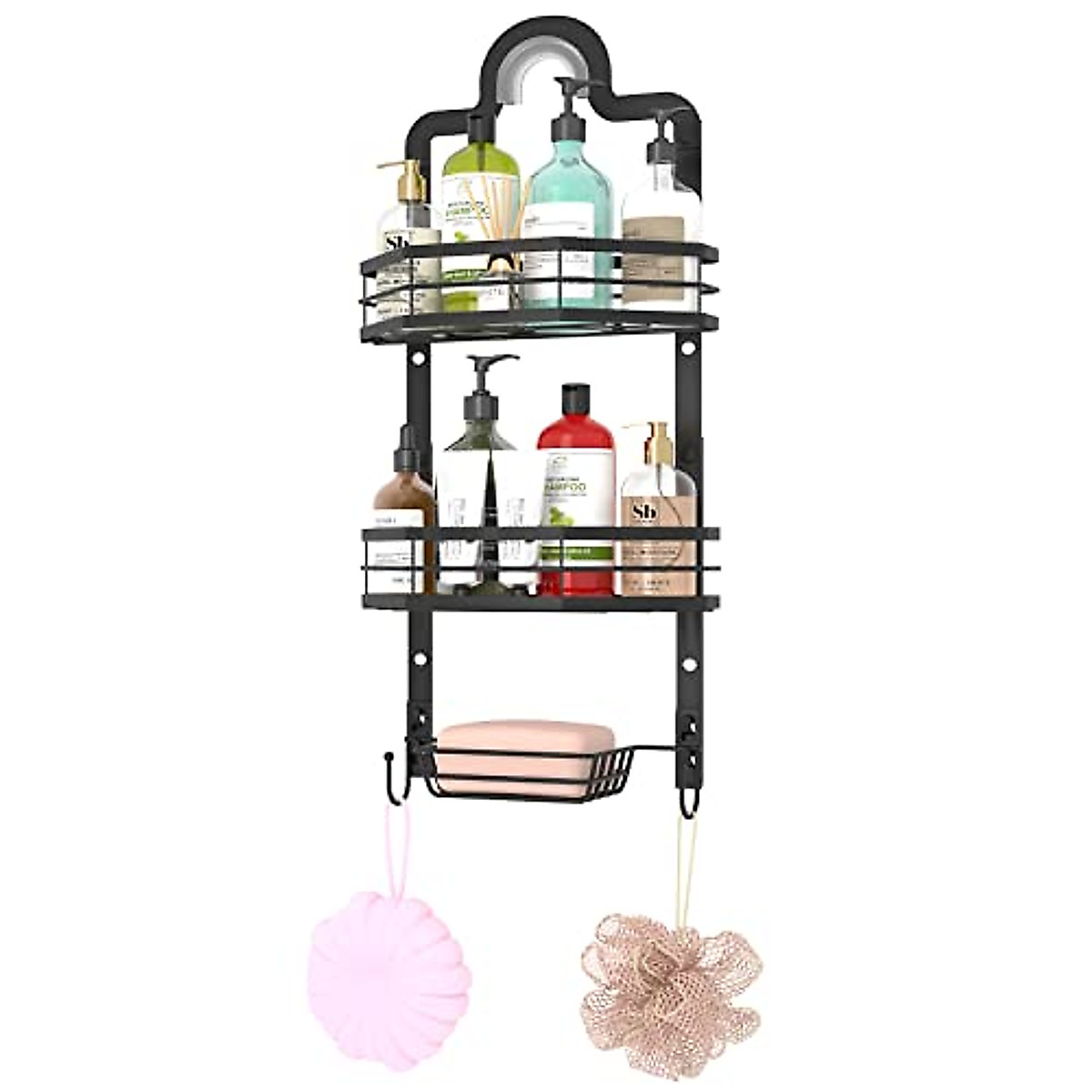 GILLAS Hanging Shower Caddy,Over Head Shower Caddy Rustproof, No Drilling Shower Storage Rack Organizer for Towels, Sponge, Shampoo, Black
