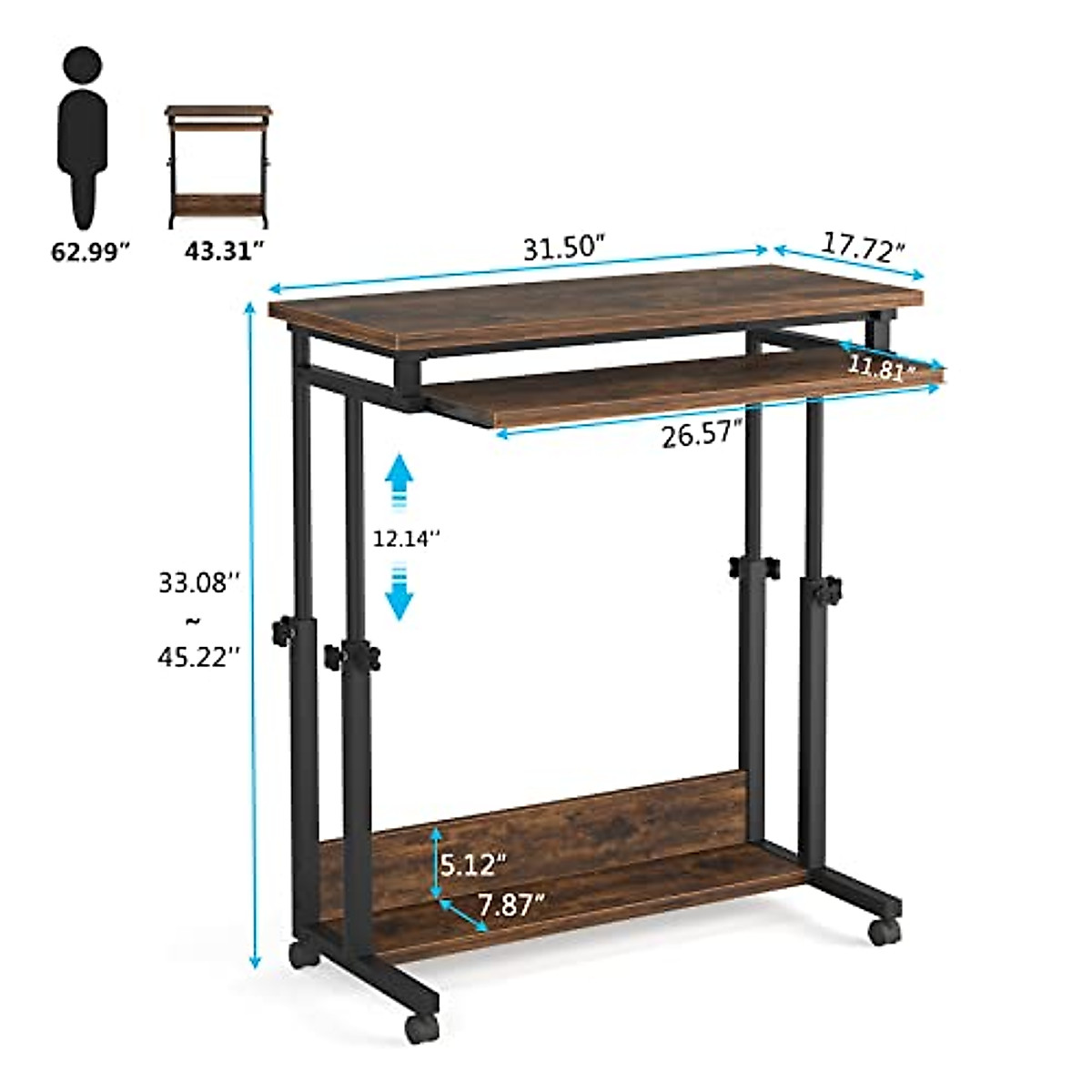 Tribesigns Portable Desk for Sofa and Bed, Height Adjustable Laptop Table Small Standing Desk Rolling Computer Cart Workstation with Keyboard Tray on Wheels for Home Office