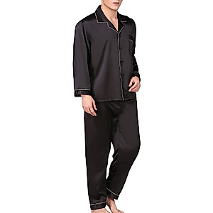 OYOANGLE Men's Long Sleeve Satin Pajama Set Button up Shirt and Pants Loungewear Sleepwear Black L