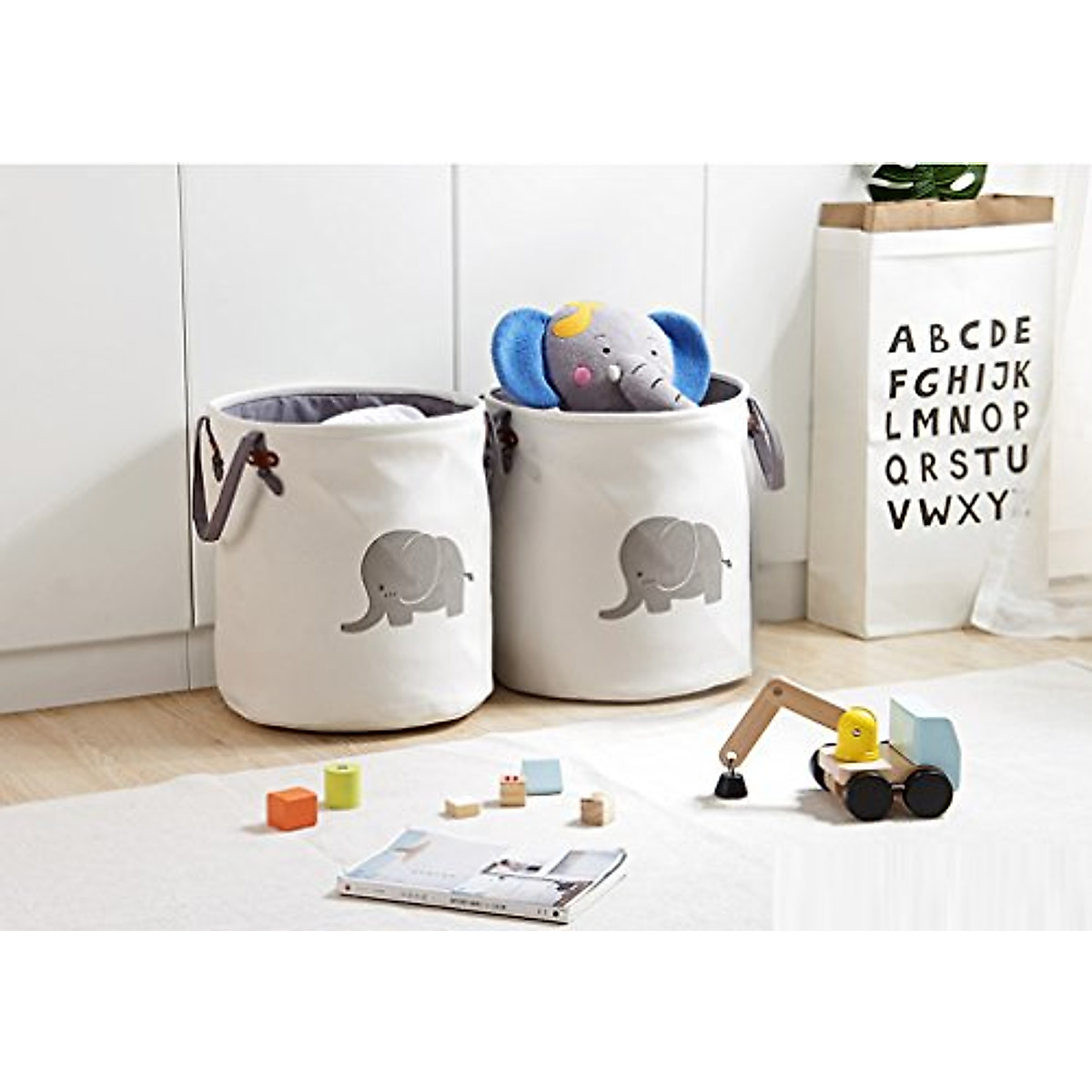 Lannu Laundry Hamper Storage Bin Baskets Nursery Kid's Cotton Linen Collection Organizer Canvas Fabric Collapsible Bags Baby Toys,Elephant