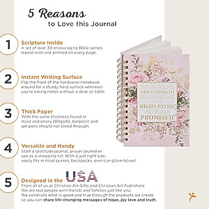Christian Art Gifts Journal w/Scripture He Gives Me New Strength Psalm 23:3 Bible Verse, Pink Floral 192 Ruled Pages, Large Hardcover Notebook, Wire Bound