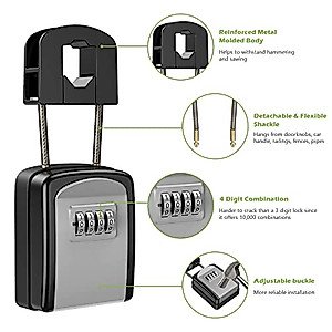 KeeKit Key Lock Box, Upgraded Key Safe Box with Removable Buckle, Resettable Code Key Storage Lock Box Waterproof with 4 Digit Combination, 5 Key Capacity for Home, Warehouse, Indoor & Outdoor