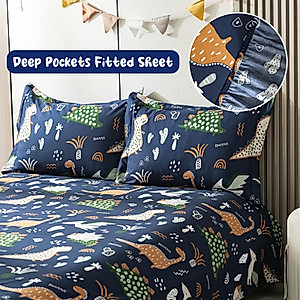 HollyHOME 7 Pieces Teens Comforter Set Dinosaur Pattern Bed in A Bag Bedding Set for Boys, Blue, Full/Queen