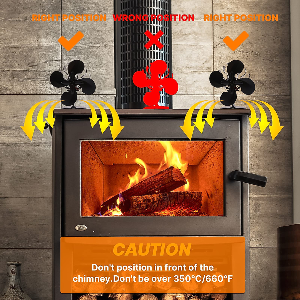 LerkeHony 4 Silent Heat Powered Stove Fan, Log Burner Fan with a Thermometer, Eco Friendly Heat Circulation for Wood/Log Burner/Fireplace/Free Stove Thermometer Satin/Black