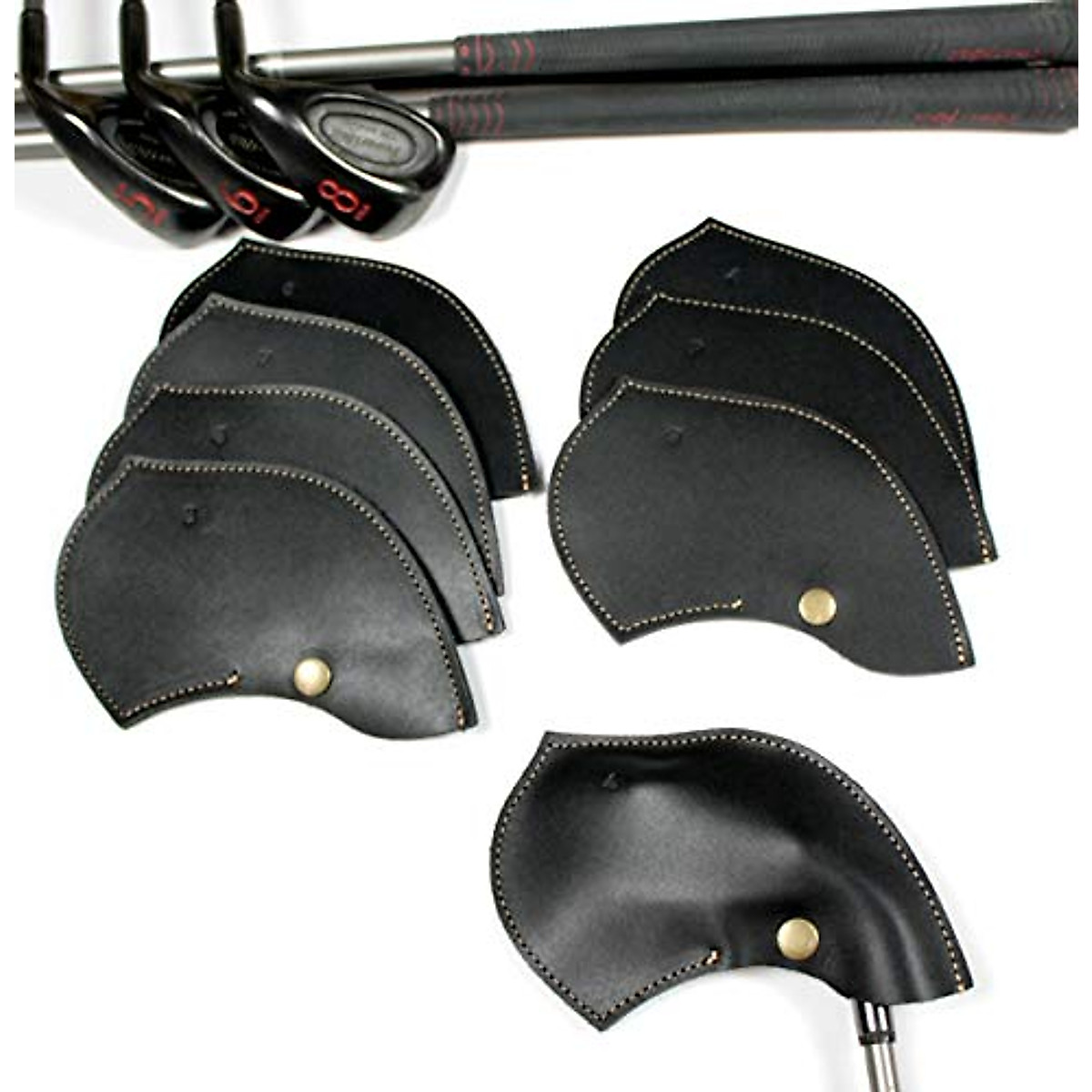 moriskorea Golf Club Head Cover (10pcs) Custom Initial Wedge Iron Protective Cowhide Full Grain Vegetable Leather Fit All Brands Titleist, Callaway, Ping, Taylormade, Cobra Etc. 1 Set. (Black)