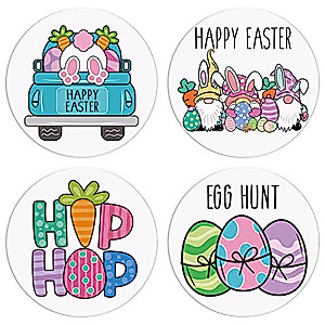 Whaline 4Pcs Easter Ceramic Coaster Set Bunny Gnome Egg Carrot Prints Drink Coasters Cartoon Style Absorbent Coasters for Easter Egg Hunt Home Decor Table Protection Housewarming Gifts