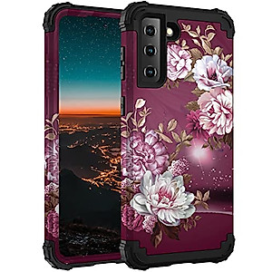 Hocase for Galaxy S21 FE 5G Case, Heavy Duty Shockproof Protection Soft Silicone Rubber+Hard Plastic Bumper Hybrid Protective Case for Samsung Galaxy S21 FE (6.4" Display) 2021 - Burgundy Flowers