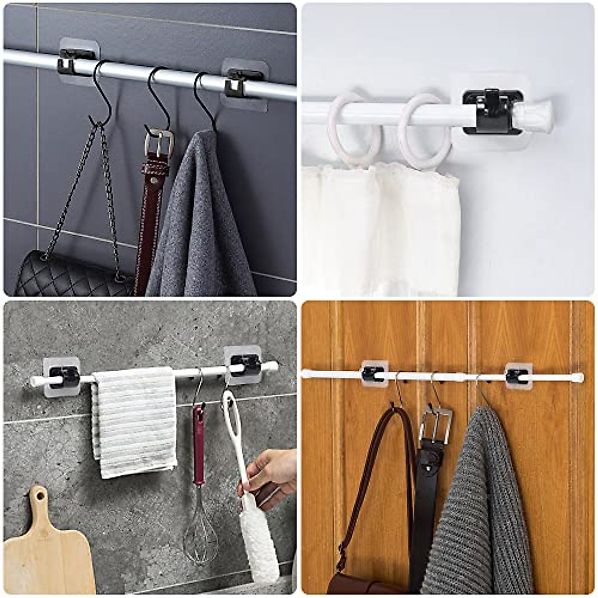8 Pieces Self Adhesive Curtain Rod Bracket, No Drill Drapery Hooks Holder, Plastic Sticky on Curtain Rod Holder for Kitchen, Bathroom, Hotel (Black)