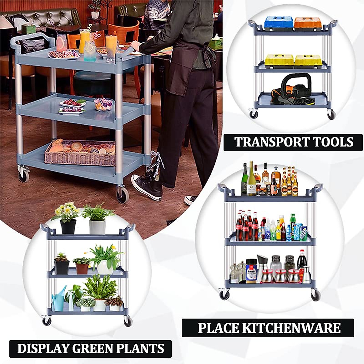 BRLJUNEO Plastic Utility Carts with Wheels, 3-Tier Medium Size Restaurant Food Cart, Heavy Duty 510lbs Capacity Rolling Service Cart w/Hammer for Commercial, Kitchen, Office (Lockable Wheels, M-Grey)