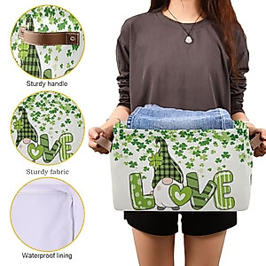 HOYYU St Patrick's Day Gnome Storage Basket Shelf Shamrock Clovers Cute Fabric Laundry Basket Large Foldable Storage Box Cube with Handle Closet Bin Organizer Basket for Kids Toys Cloth Bedroom