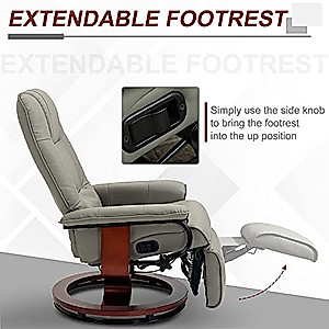 HOMCOM Faux Leather Manual Recliner, Adjustable Swivel Lounge Chair with Footrest, Armrest and Wrapped Wood Base for Living Room, Gray