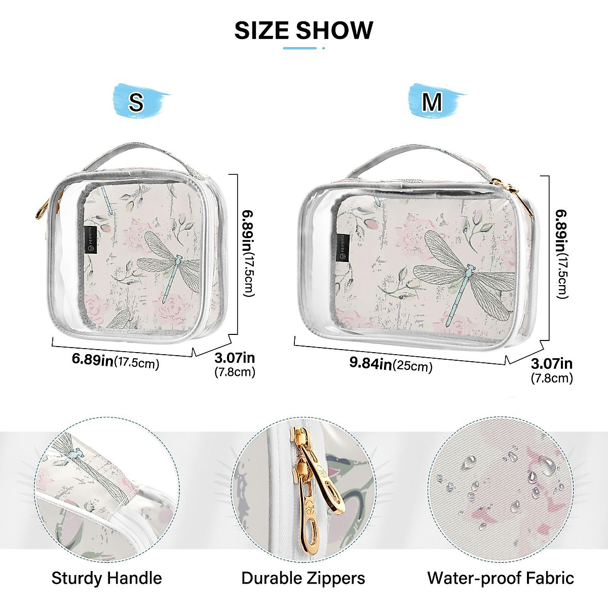 Roses Buds Dragonflies 2 Pieces Clear Makeup Cosmetic Toiletry Bags for Women Men PVC Waterproof Portable Travel Storage Carry Pouch with Gold Zippers Organizer Case for Traveling Bathroom Organizing