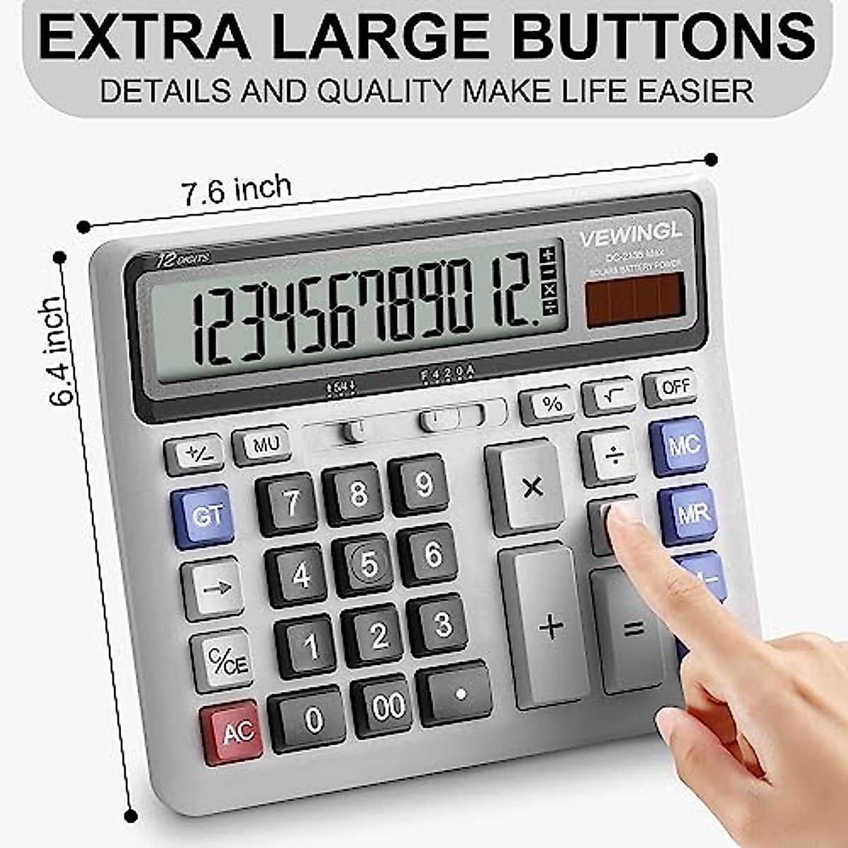 Desk Calculator 12 Digit, Large Computer Keys,Desktop Dual Power Battery and Solar, Calculator with Large LCD Display for Office,School, Home & Business Use,Automatic Sleep.7.6 * 6.4in (Black)