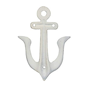 Stonebriar Antique Worn White Cast Iron Anchor Double Wall Hook, Rustic Nautical Design
