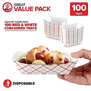 Small Paper Food Boats (100 Pack) 1 Lb Disposable Red & White Checkered Paper Food Trays, Eco Friendly Paper Food Trays, Serving Boats for Concession Food & Condiments, Paper Nacho Trays 4.25" x 2"