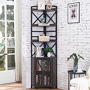 HOMBAZAAR Corner Shelf 5-Tier with Storage,Industrial Corner Bookshelf with Adjustable Board, Rustic Display of Corner Shelf Stand for Living Room, Home Office, Bedroom, Small Space,Grey
